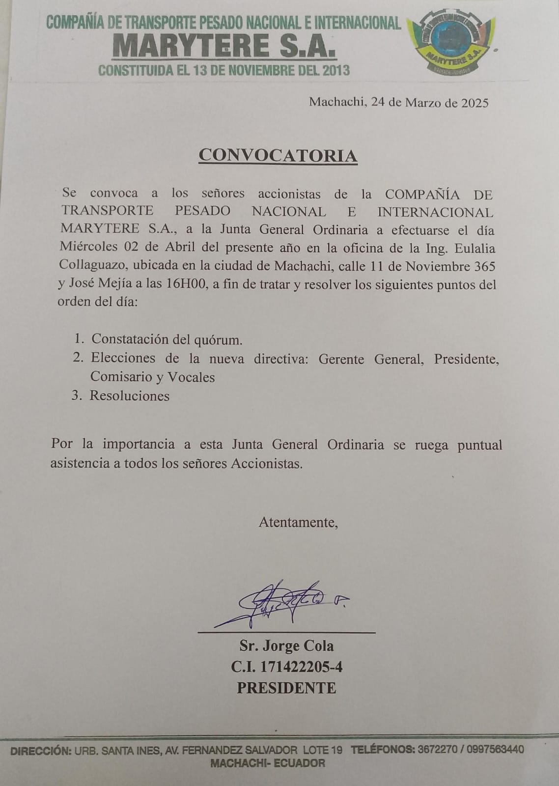 CONVOCATORIA MARYTERE S.A. - Periódico Tierra Grande