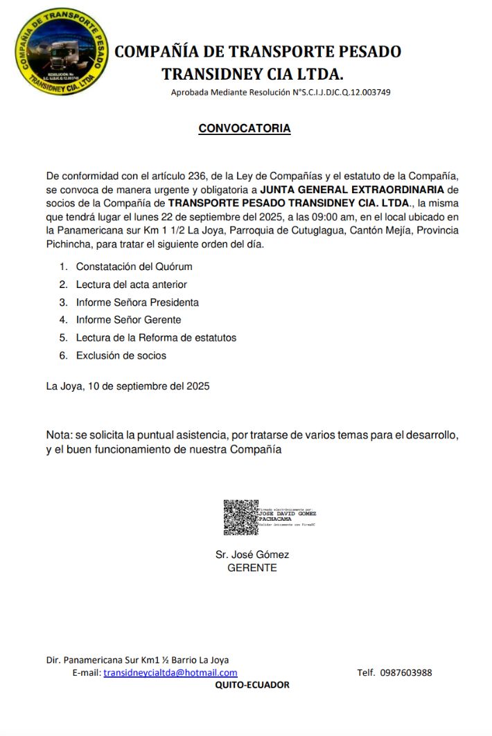 CONVOCATORIA COMPAÑÍA DE TRANSPORTE PESADO TRANSIDNEY CIA LTDA ...